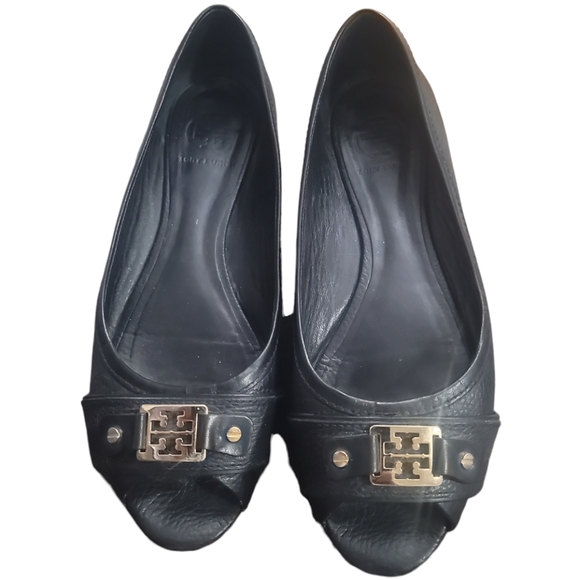 Tory Burch | Shoes | Tory Burch Black Gold Emblem Peep Toe Ballet Flats ...